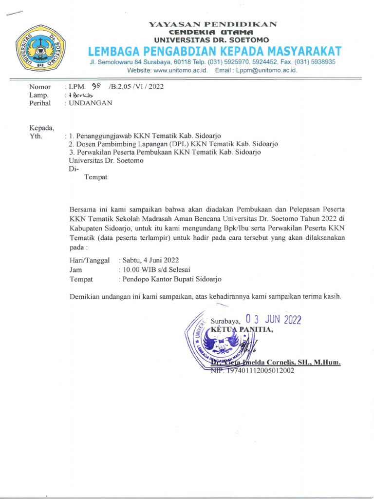 Undangan Pembukaan KKN Tematik Sda 2022 | PDF