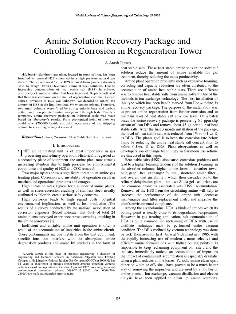Amine Solution Recovery Package and Controlling Corrosin in ...