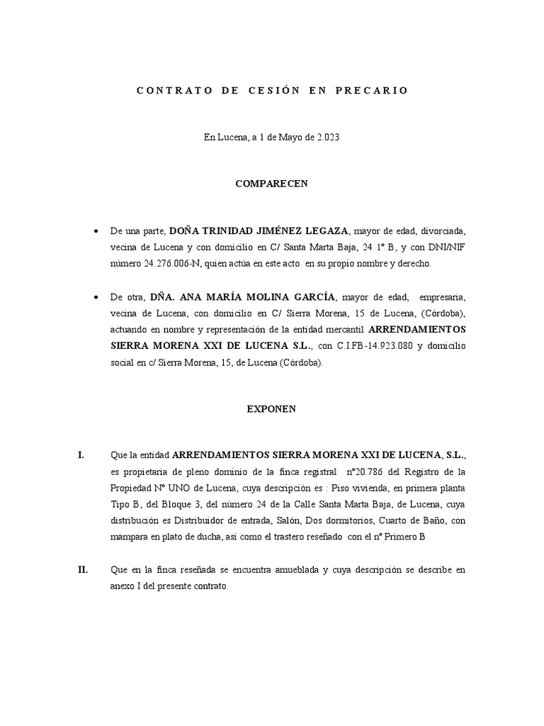 Contrato de Precario Arrendamientos Sierra Morena | PDF