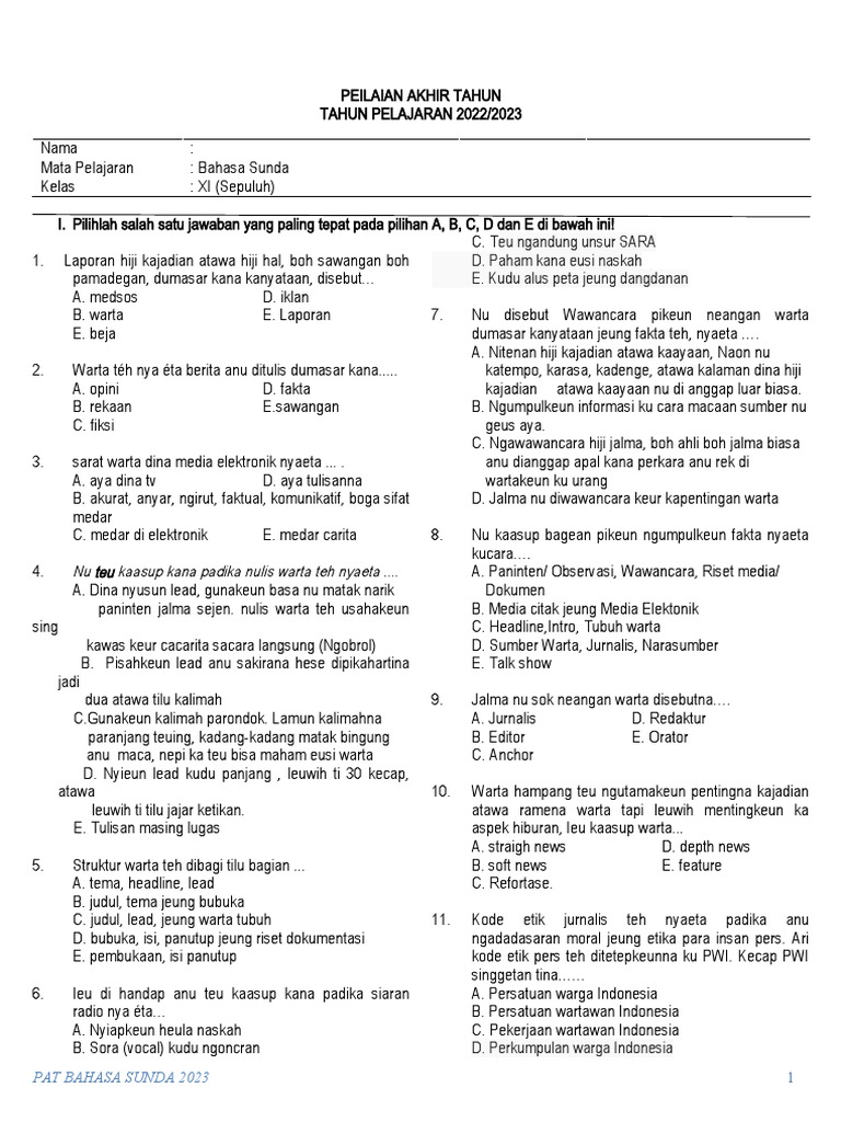 Soal PAT Bahasa Sunda Kelas 11 | PDF