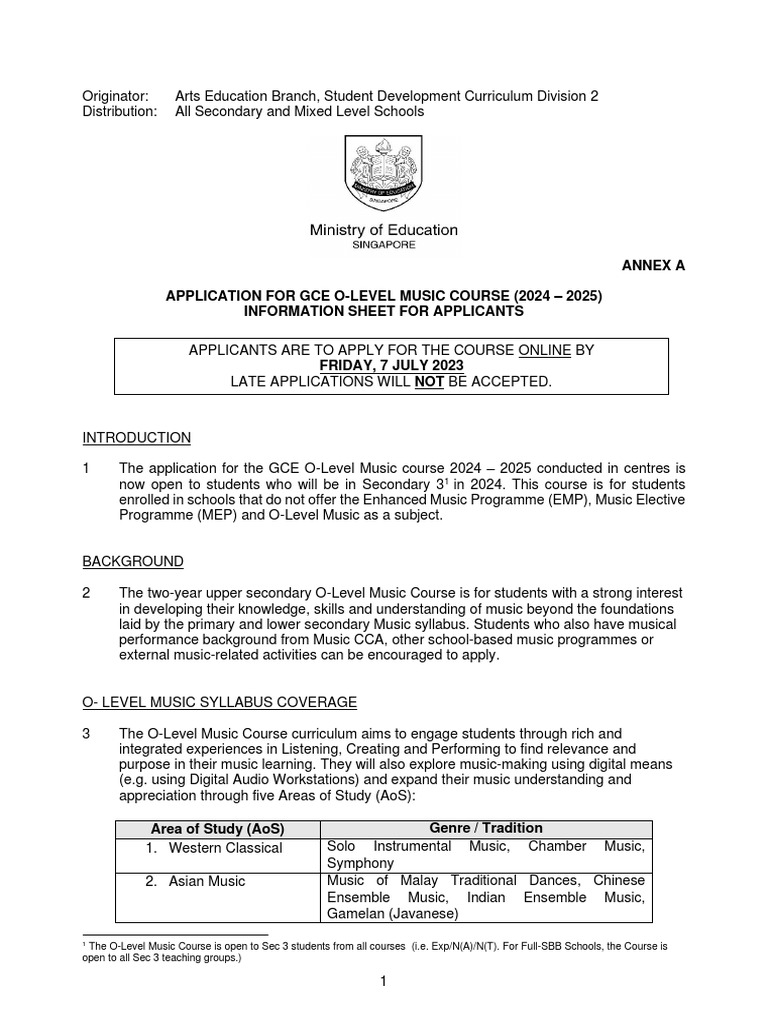 03 Annex A - Application For GCE O-Level Music Course 2024 2025 - Information Sheet For ...