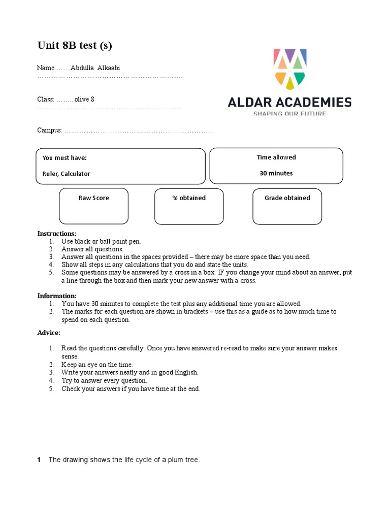 End of Topic Test 8B S | PDF | Flowers | Seed