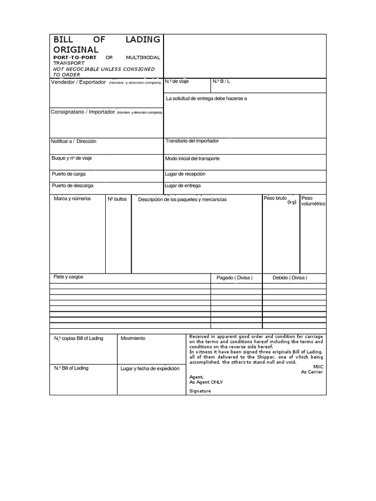 Formulario Bill of Lading en Español | PDF | Cargo | Bill Of Lading