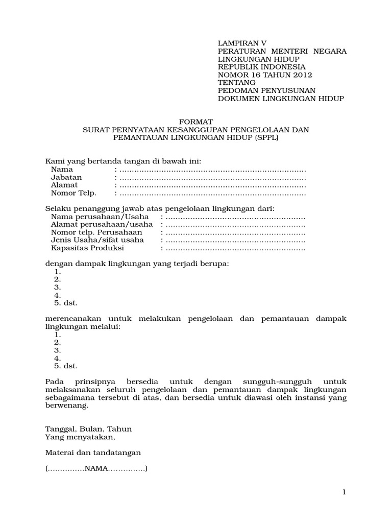 Contoh Surat Pernyataan SPPL Lingkungan | PDF