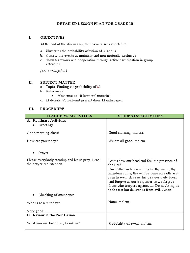 Detailed Lesson Plan For Grade 10 | PDF | Odds