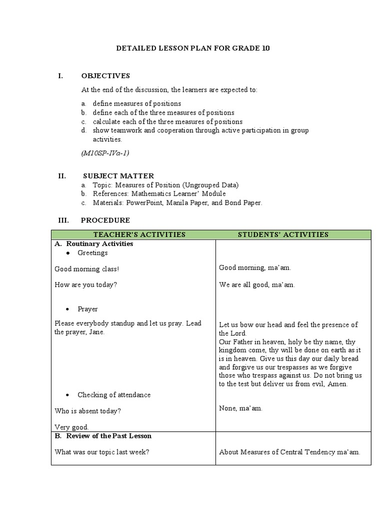 Detailed Lesson Plan For Grade 10 Q4 W1 | PDF | Sampling (Statistics)