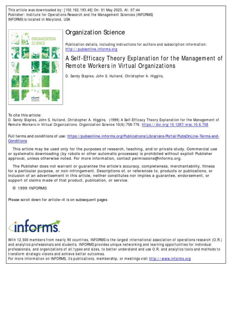 A Self-Efficacy Theory Explanation For The Management of Remote Workers in Virtual Organizations ...