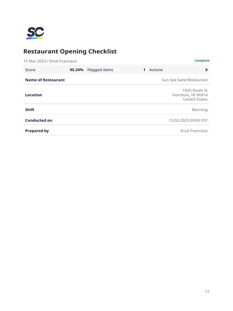 Restaurant Opening Checklist Sample Pdf Report Pdf Tableware