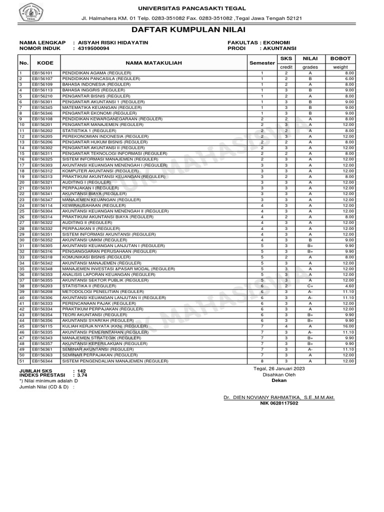 Daftar Kumpulan Nilai | PDF