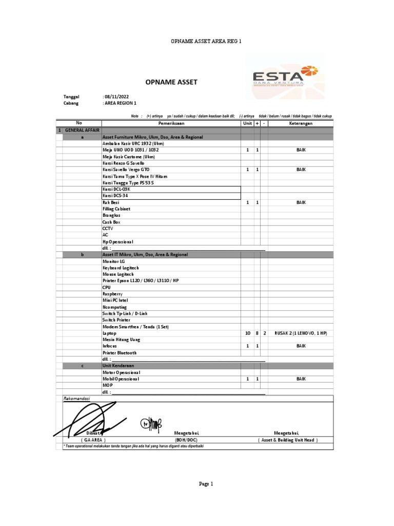 Opname Asset Regional 1 | PDF