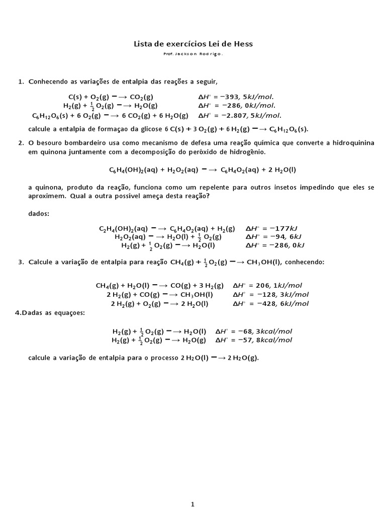 LISTA DE EXERCICIOS LEI DE HESS - Jackson | PDF