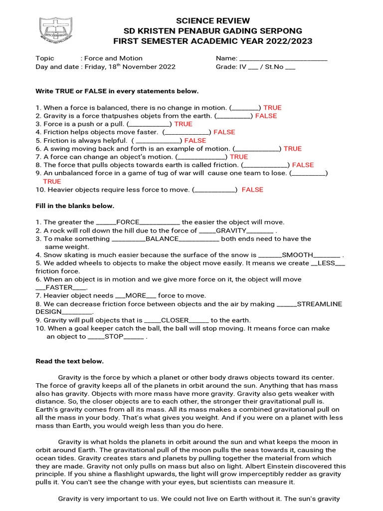 4th Grade Science Review: Force & Motion | PDF | Gravity | Mass