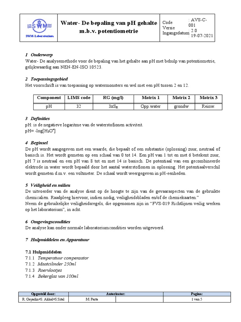 AVS-C-001 Water - de Bepaling Van PH Gehalte M.B.V. Potentiometrie | PDF