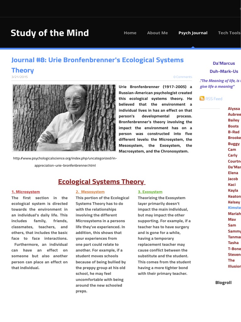Journal #8 Urie Bronfenbrenners Ecological Systems Theory - Study of ...
