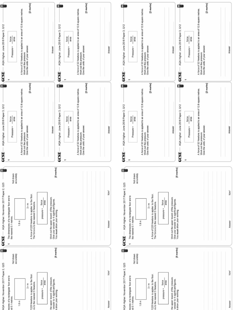 Pressure Force Area Higher GCSE Questions AQA Small | PDF