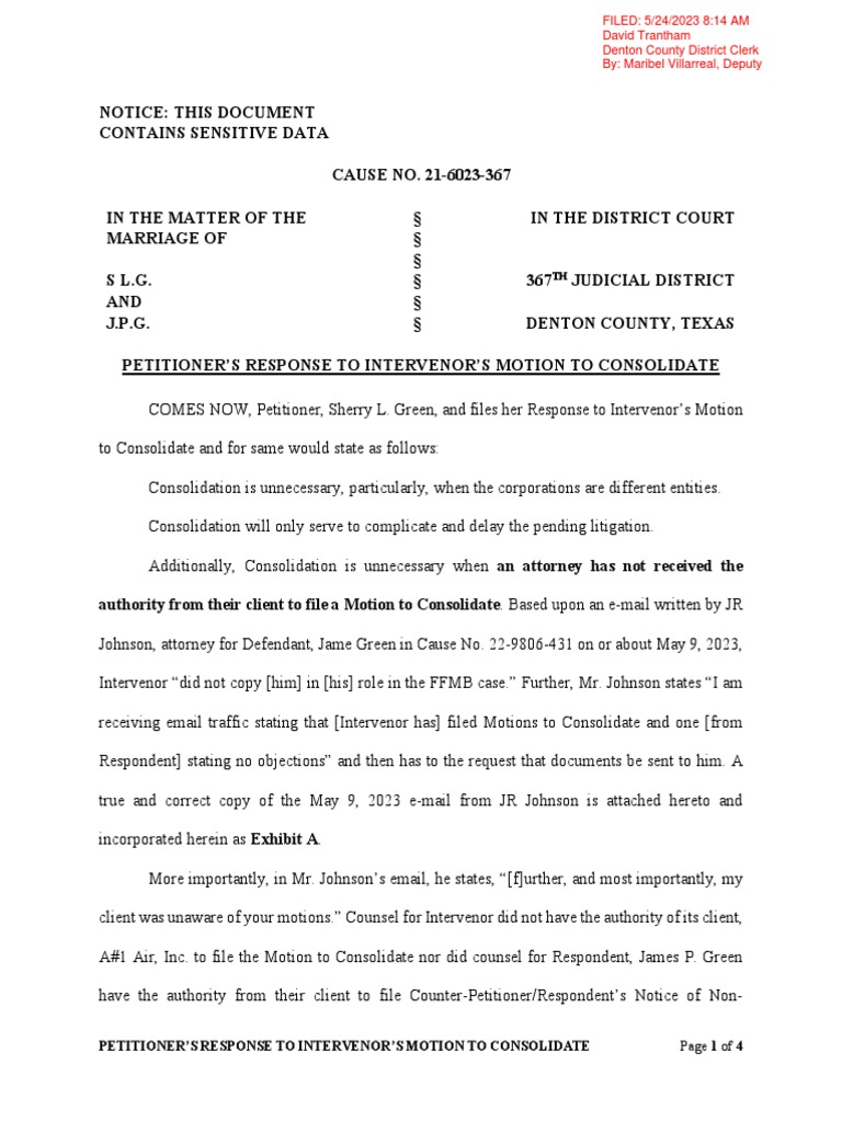Response To Motion To Consolidate | PDF | Intervention (Law) | Lawyer