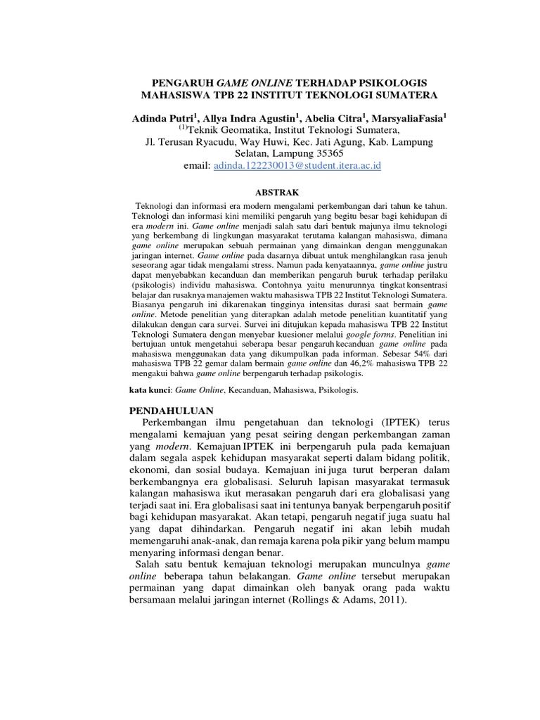 Kti Pengaruh Game Online Terhadap Psikologis Mahasiswa TPB 22 Itera | PDF