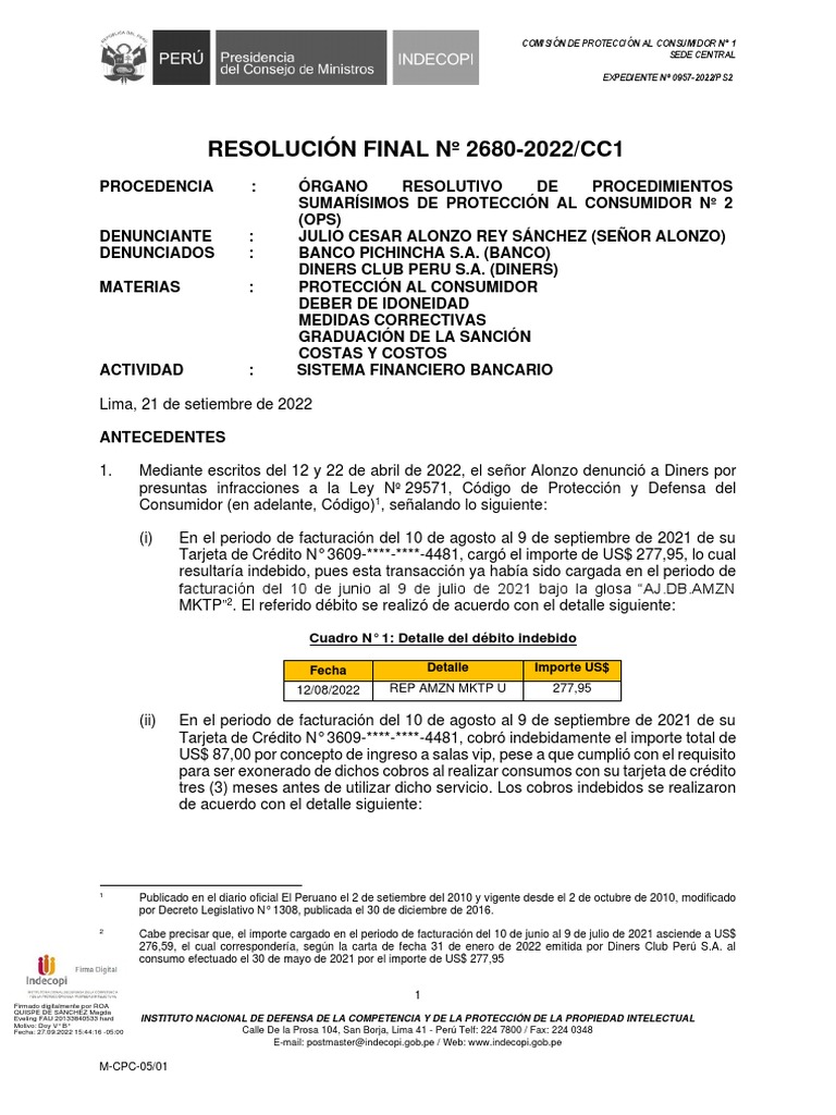 RESOLUCIÓN FINAL #2680-2022/CC1: Cuadro #1: Detalle Del Débito Indebido | PDF | Protección al ...