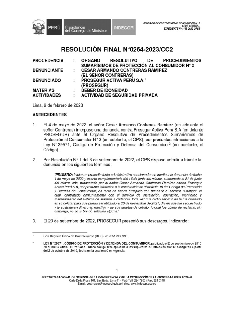 RESOLUCIÓN FINAL N°0264-2023/CC2: Con Registro Único de Contribuyente (RUC) #20517930998 ...