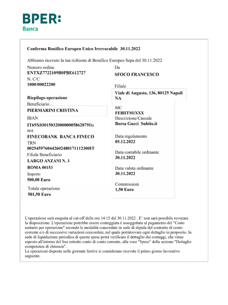 Conferma Bonifico Europeo Unico Irrevocabile | PDF