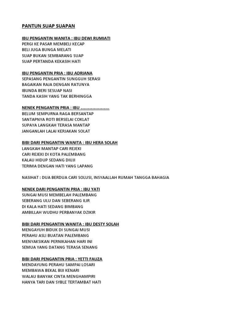 Pantun Suap-Suapan Pernikahan Palembang | PDF | Memasak, Makanan ...