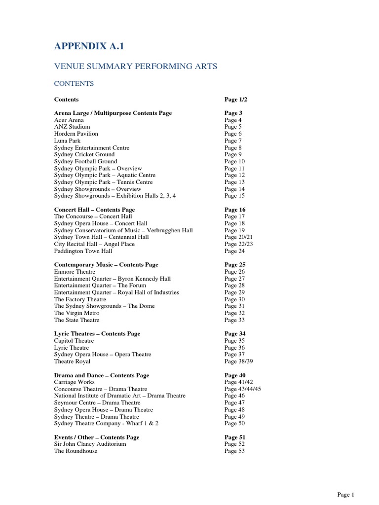 Appendix a 1 Venue Summary Performing Arts Final | PDF | Sydney