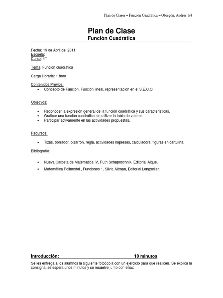 Plan de Clases - Funcion Cuadratica | Descargar gratis PDF | Ecuación cuadrática | Función ...