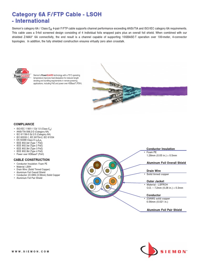 Siemon Category 6a F FTP Cable Ls0h International Spec Sheet | PDF ...