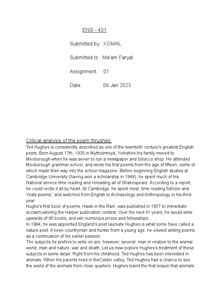 Critical analysis of the poem by Ted Hughes | PDF | Human | Poetry