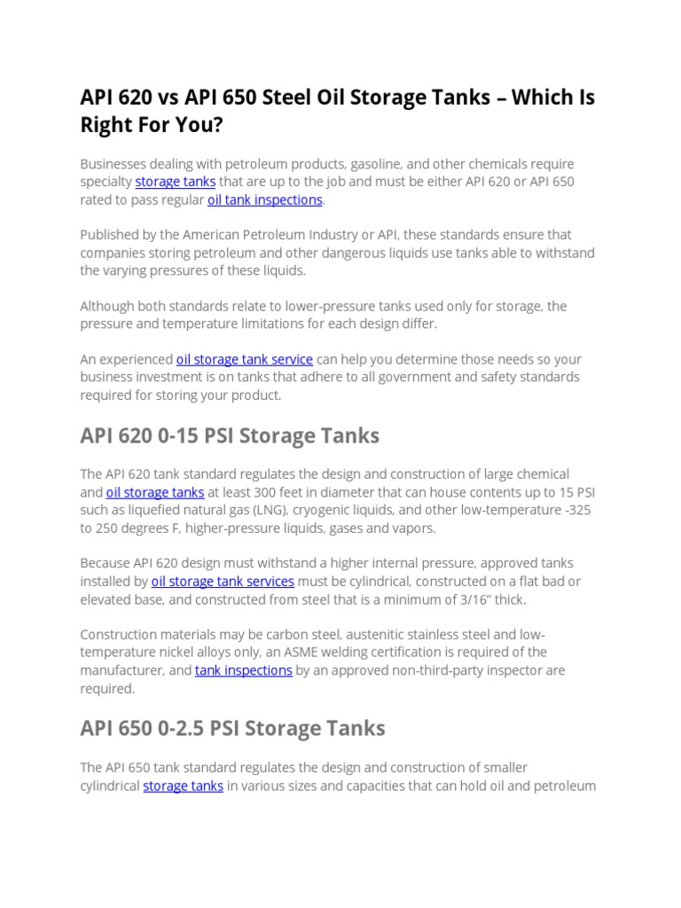 API 620 vs 650: Choosing Storage Tanks | PDF | Steel | Cryogenics