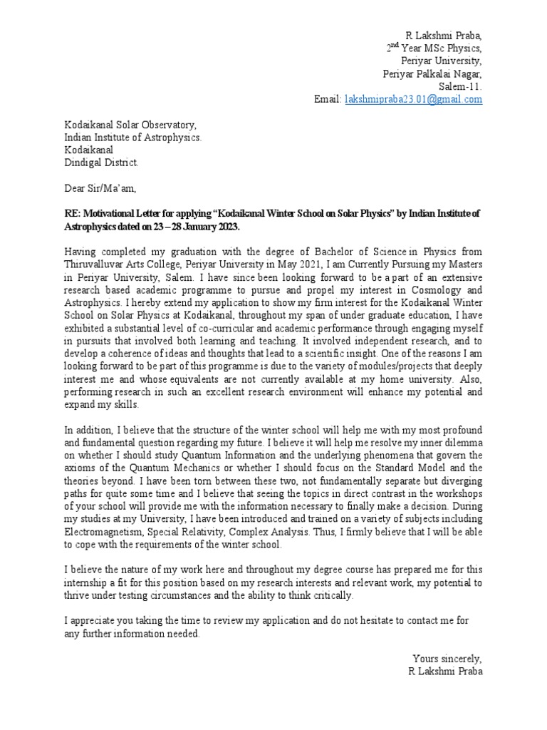R Lakshmi Praba Letter For Winter School | PDF | Physics | Astrophysics