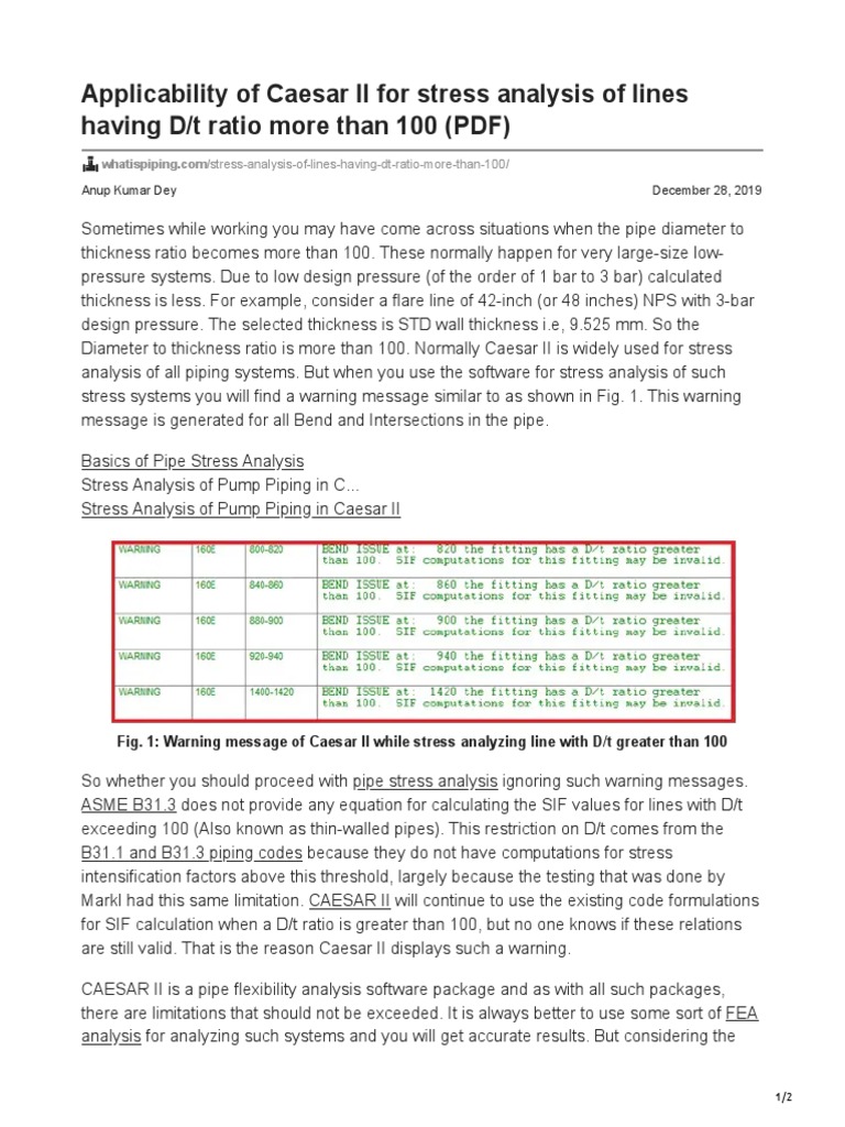 Applicability of Caesar II For Stress Analysis of Lines Having DT Ratio ...