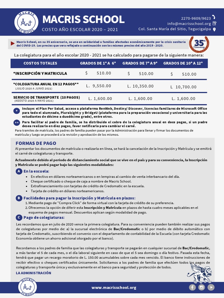 Costos Macris School 2020 - 2021 | PDF | Tarjeta de débito | Finanzas ...