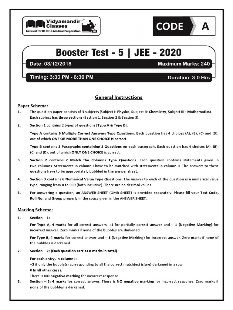 2020 - Booster Test - 5 - Paper | PDF | Gases | Force