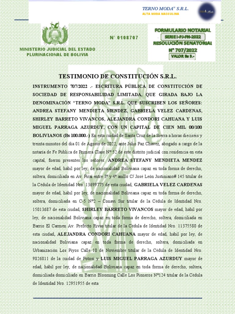 Testimonio de Constitución y Poder Del Representante Legal | PDF ...