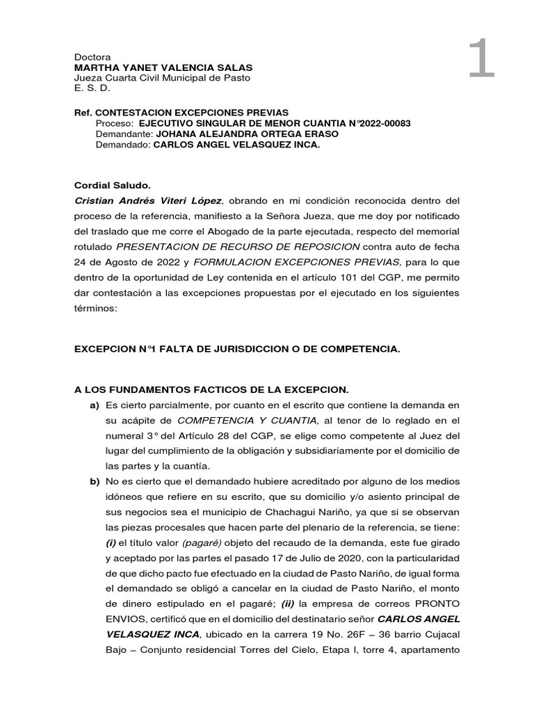 Contestacion Excepciones Previas Proceso N°2022-00083 | PDF | Demanda ...