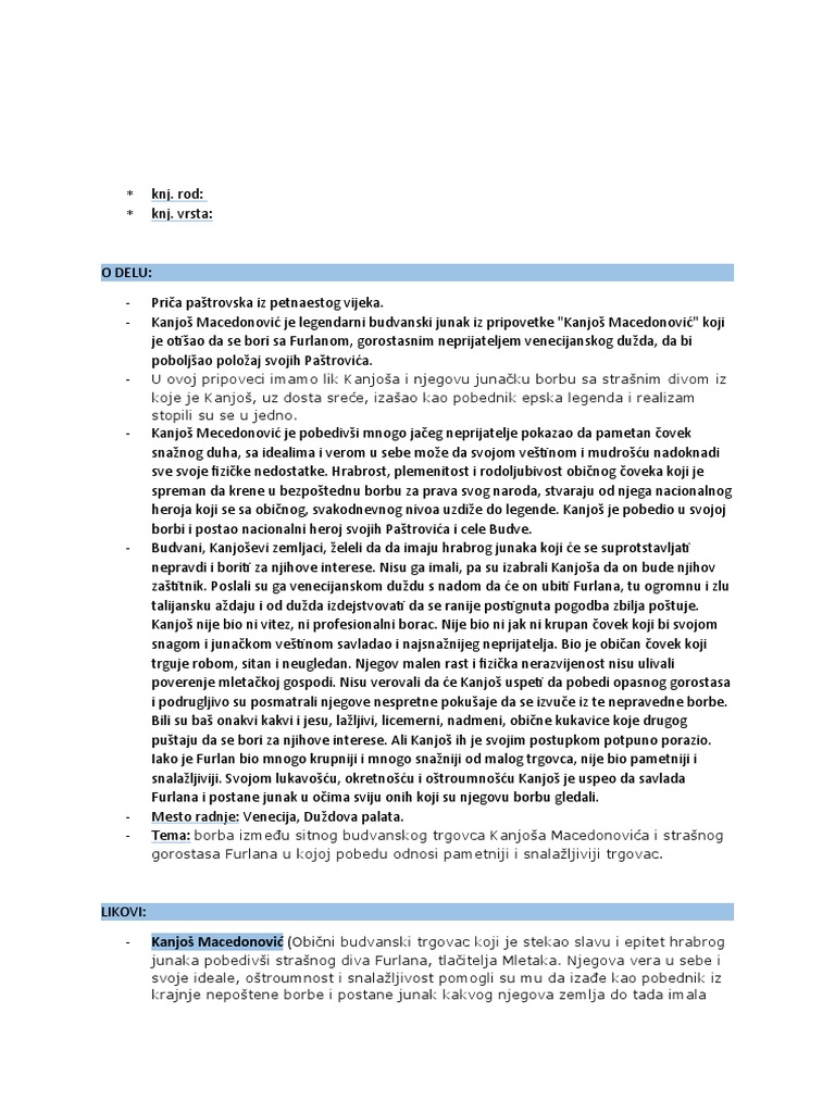 Kanjoš Macedonović, Analiza | PDF