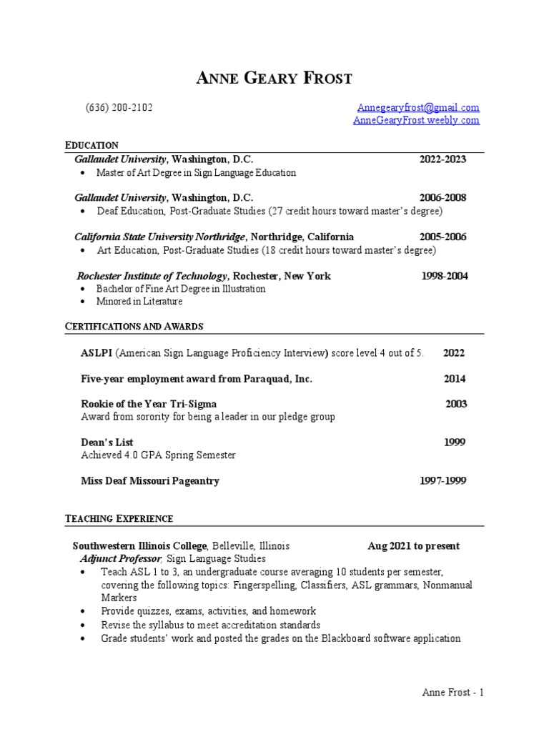 Anne Geary Frost CV | PDF | American Sign Language | Mentorship