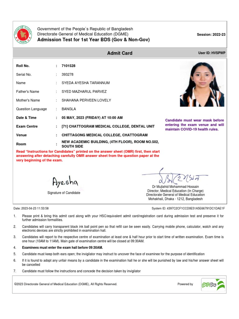 BDS Admit Card for Ayesha Tarannum | PDF