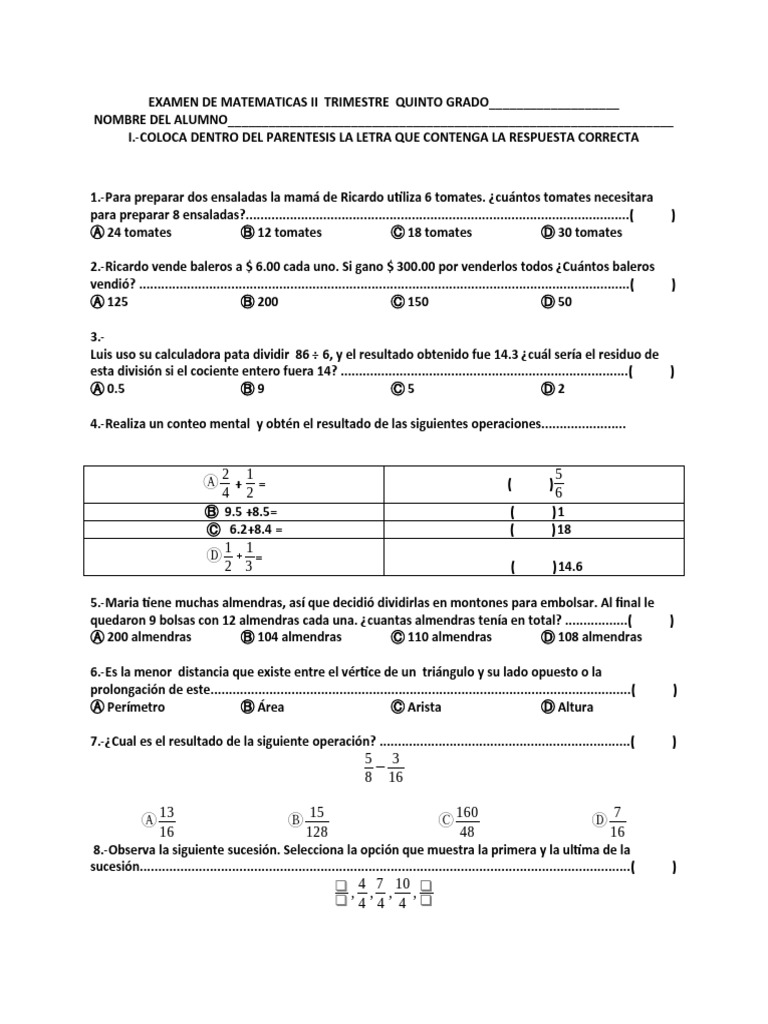 Examen de Matematicas Ii Trimestre Quinto Grado | PDF | Matemáticas | Notación Matemática