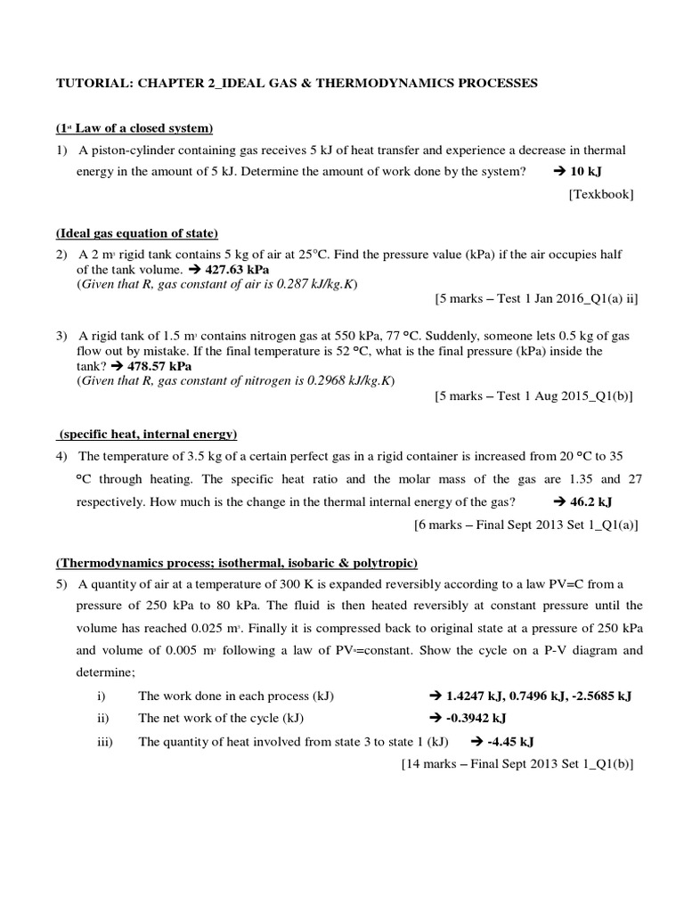 Tutorial Chapter 2 Ideal Gas & Thermodynamics Processes (Q&A) | PDF | Gases | Heat