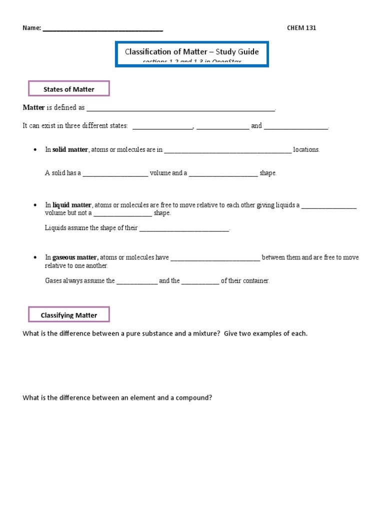 CH1 Classification of Matter Study Guide 1 | PDF | Science & Mathematics
