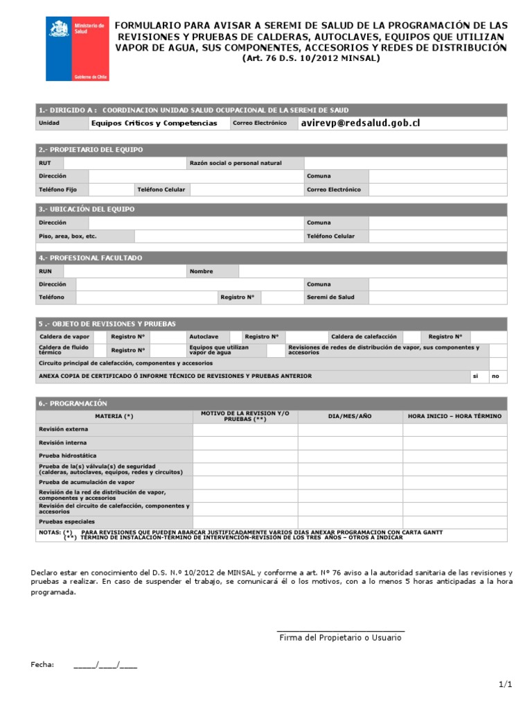 Formulario para Avisar A SEREMI de Salud de La Programación de Las Revisiones y Pruebas | PDF