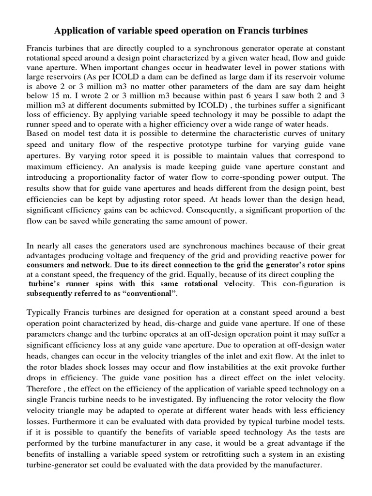Variable Speed Operation On Francis Turbines | PDF | Turbine | Electric Generator