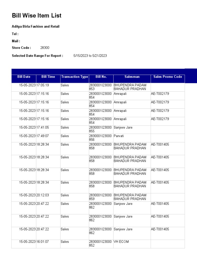 MFL Bill Wise Item List | PDF | Trousers | Jeans