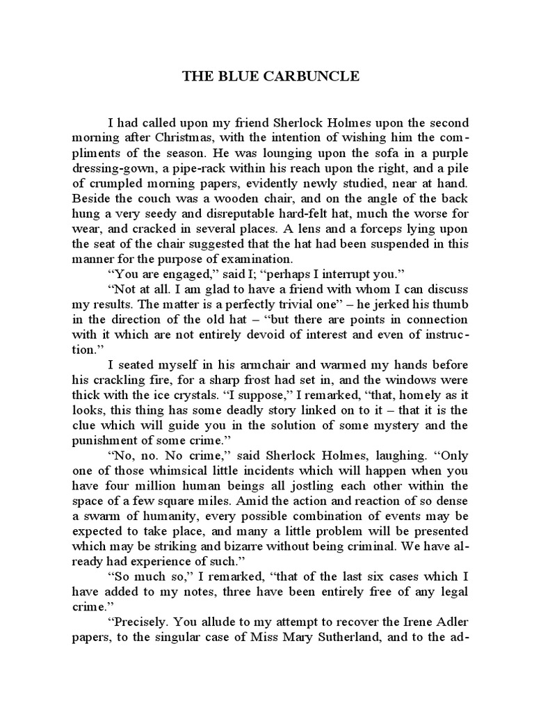 The Blue Carbuncle Analysis | PDF | Sherlock Holmes | Dr. Watson