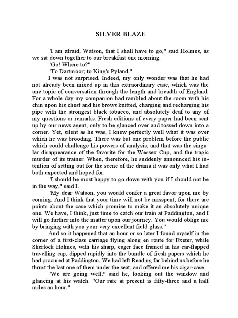 Silver Blaze | PDF | The Adventure Of Silver Blaze | Dr. Watson