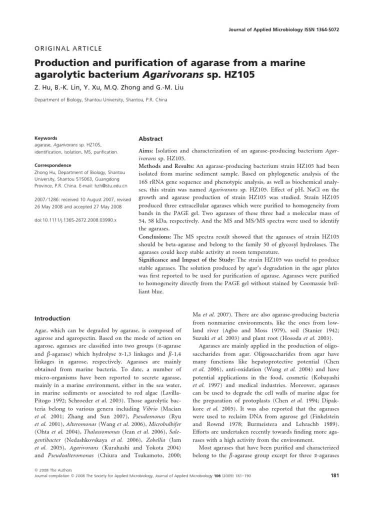 J of Applied Microbiology - 2009 - Hu - Production and Purification of Agarase From A Marine ...