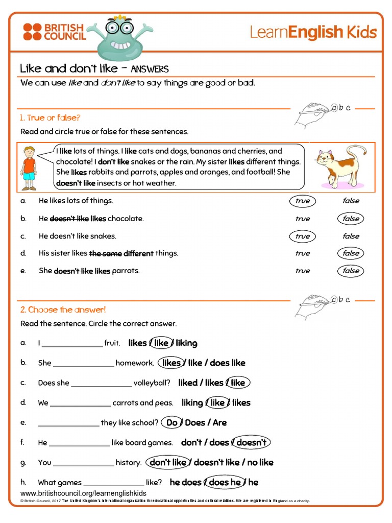 Grammar Practice Like and Dont Like Worksheet Answers | PDF