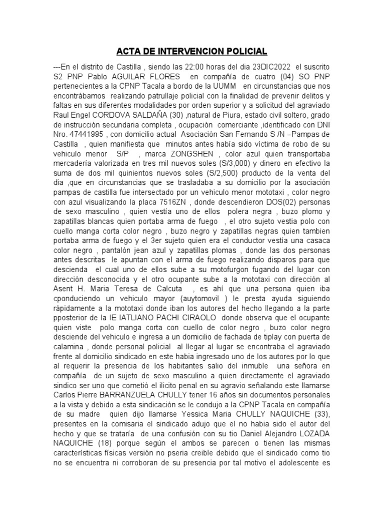 Acta de Intervencion Policial Aguilar Flores Pablo | PDF